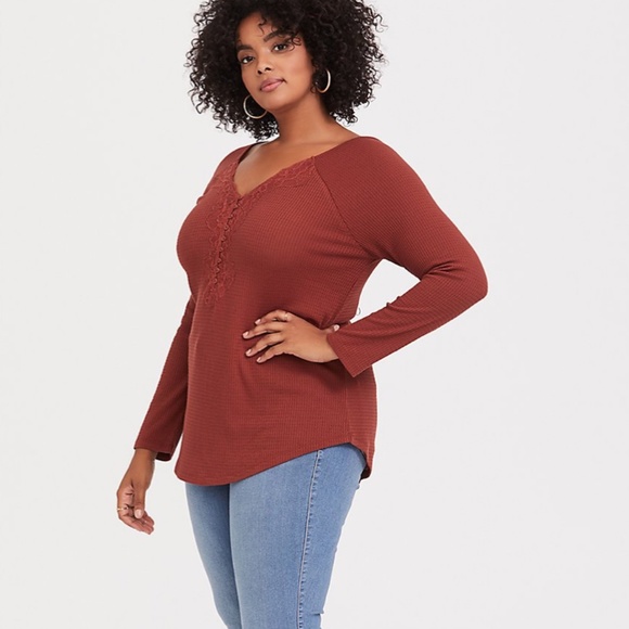 torrid | Tops | Torrid Plus Size Brick Red Waffle Knit Lace Trim Henley ...